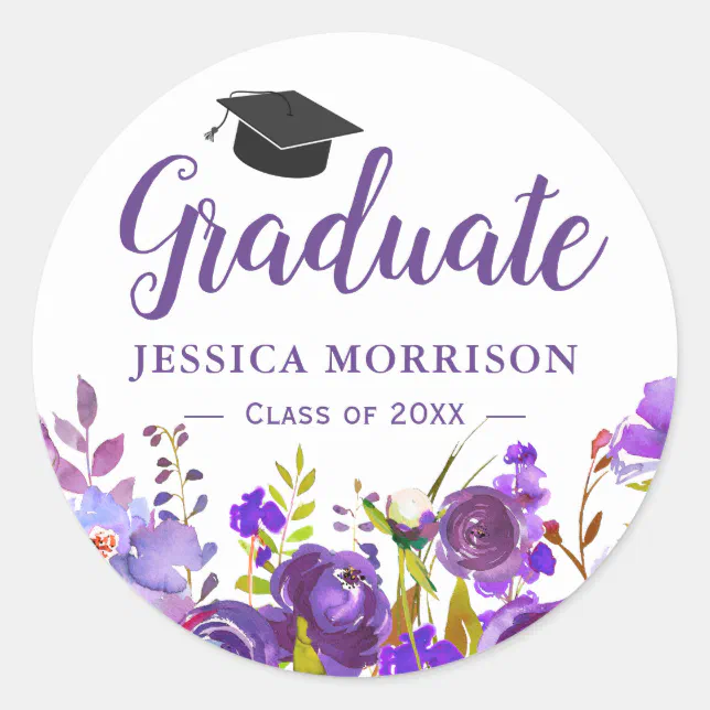 Violet Purple Floral Graduate Graduation Favor Classic Round Sticker ...