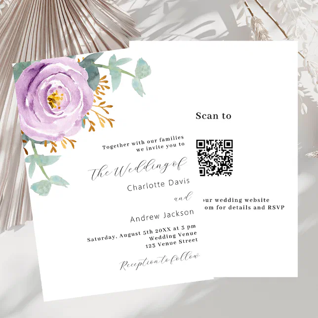 Violet purple floral greenery QR code RSVP wedding Invitation | Zazzle