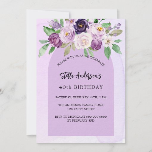 Violet purple flower greenery arch luxury birthday invitation | Zazzle