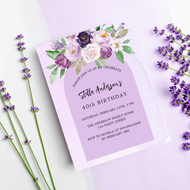 Violet purple flowers budget birthday invitation flyer | Zazzle