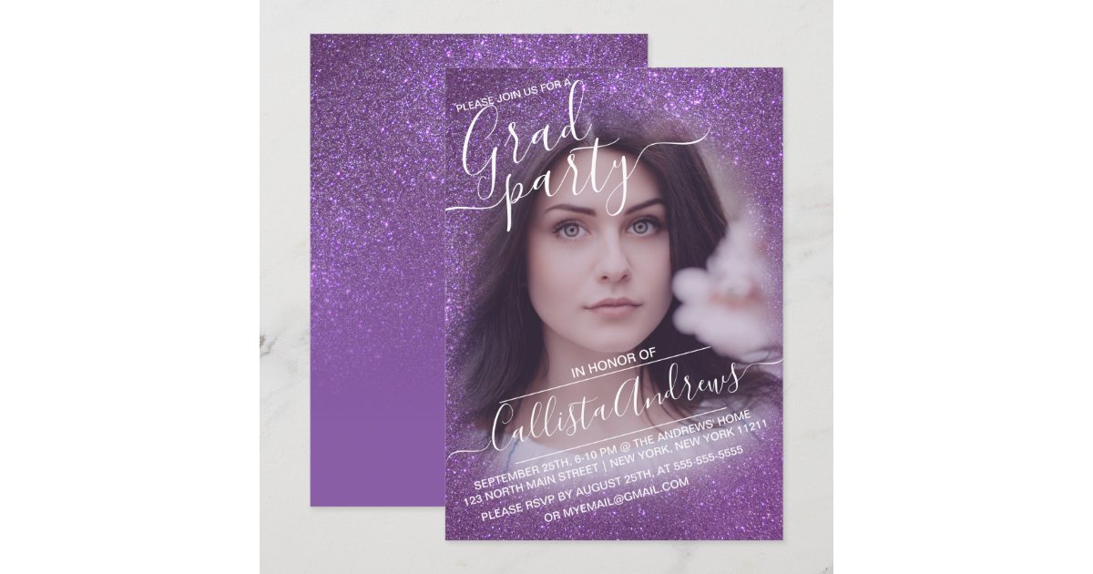 Violet Purple Glitter Ombre Photo Graduation Invitation | Zazzle