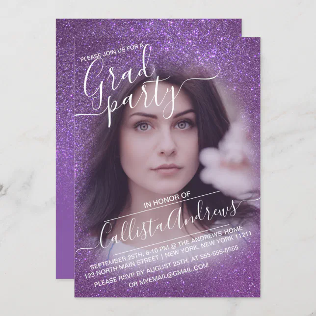 Violet Purple Glitter Ombre Photo Graduation Invitation | Zazzle