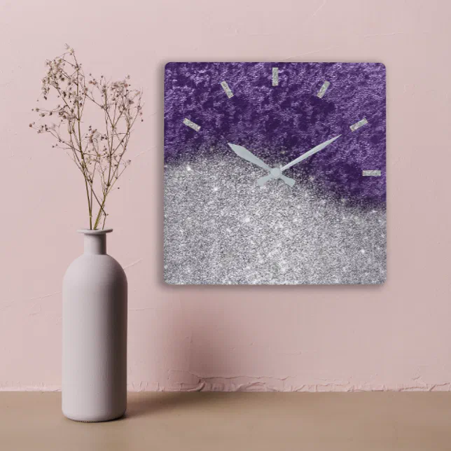 Violet Purple Glitter Silver Gray Velvet Eggplant Square Wall Clock ...