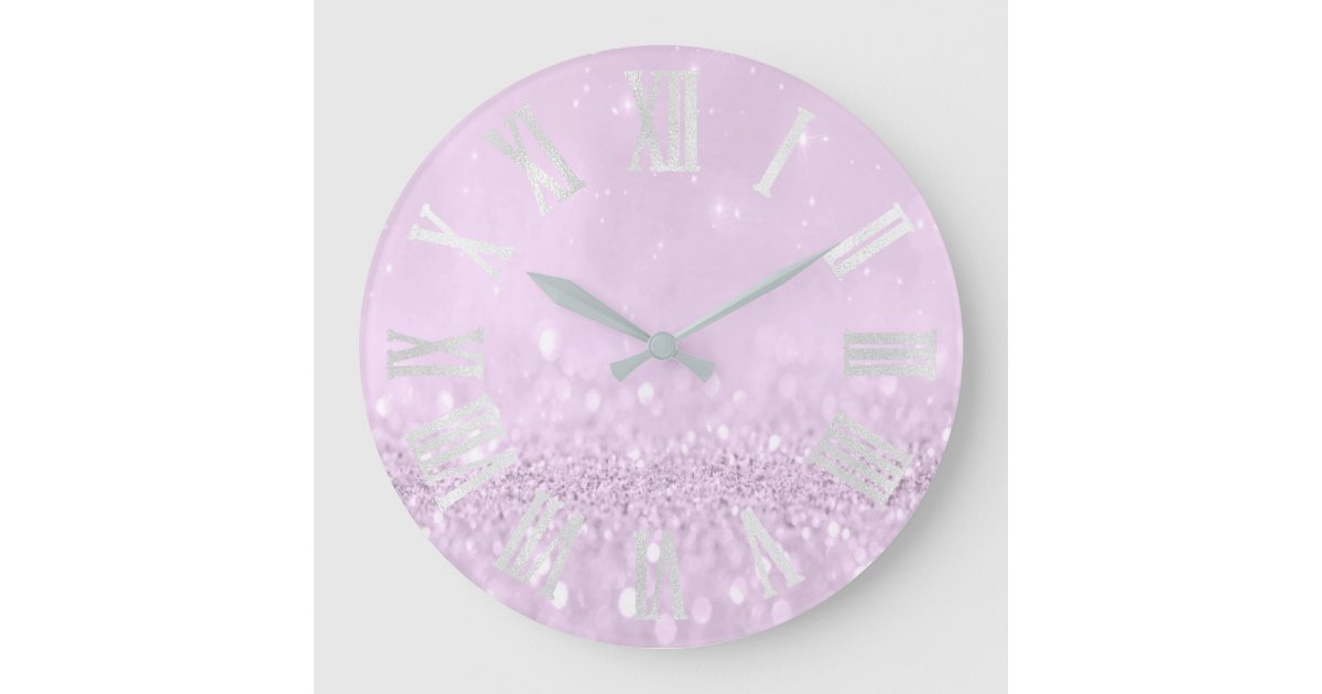 Violet Purple Lavender Glitter Gray Roman Numbers Large Clock | Zazzle