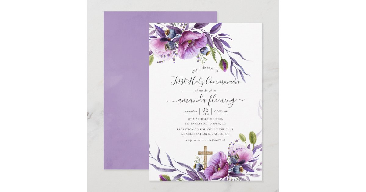 Violet Purple Poppy Floral First Holy Communion Invitation | Zazzle