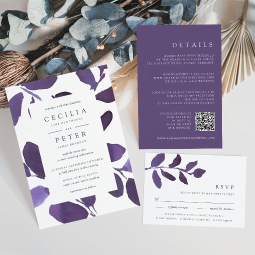 Violet Purple QR Code RSVP & Wedding Details Enclosure Card | Zazzle