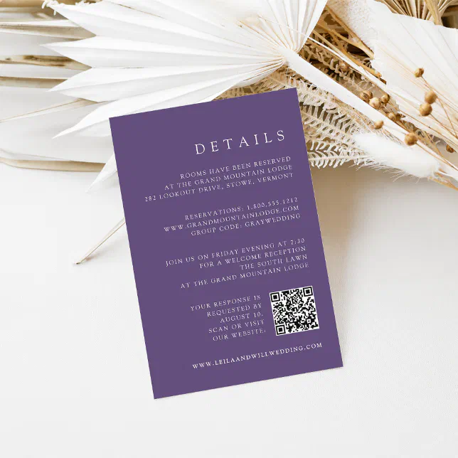 Violet Purple QR Code RSVP & Wedding Details Enclosure Card | Zazzle