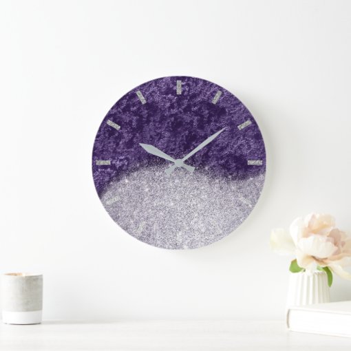 Violet Purple Silver Gray Velvet Eggplant Glitter Large Clock | Zazzle