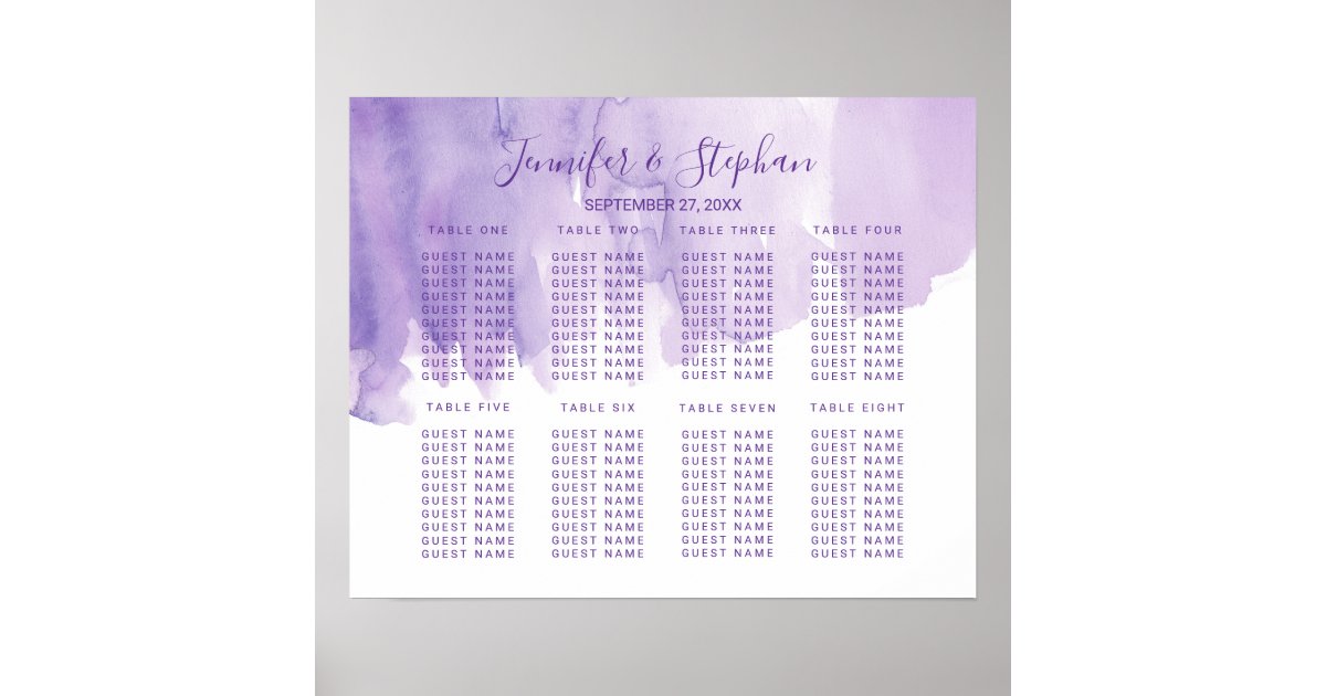 Violet Purple Watercolor Splash Seating Chart | Zazzle