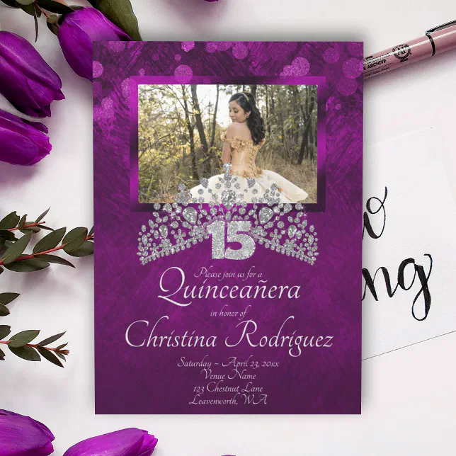 Violet Quinceanera Silver Tiara Invitation | Zazzle