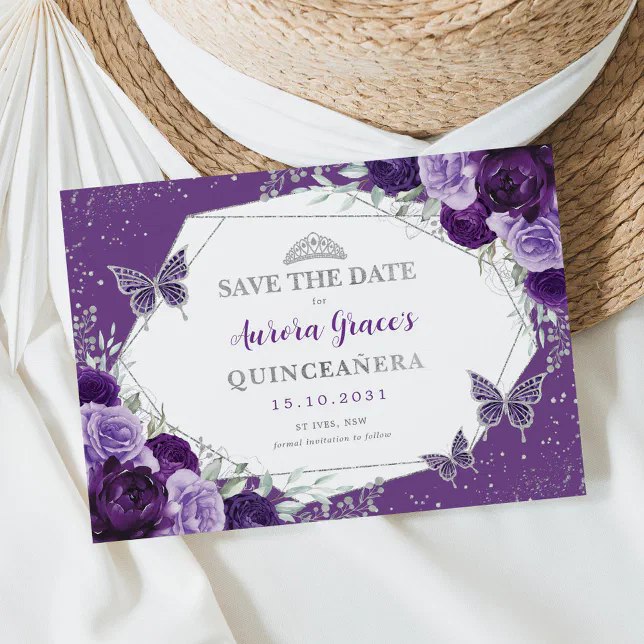Violet Silver Quinceanera Floral Save the Date Announcement | Zazzle