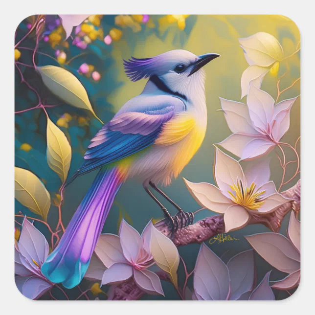Violet Tufted Yellow Breasted Fantasy Bird Square Sticker | Zazzle