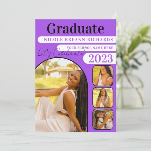 Violet Typography Photo Graduation Announcement | Zazzle