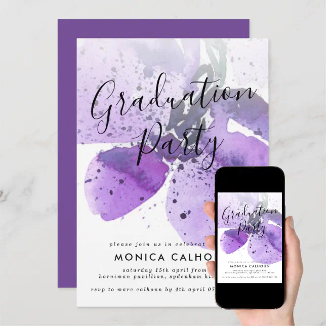 Violet Watercolor Orchid Graduation Party Invitation | Zazzle