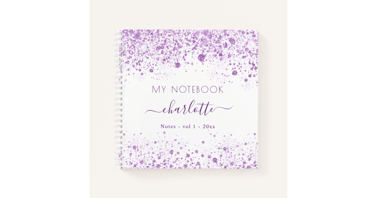 Violet white glitter dust purple name script notebook | Zazzle