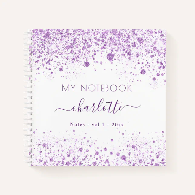 Violet white glitter dust purple name script notebook | Zazzle