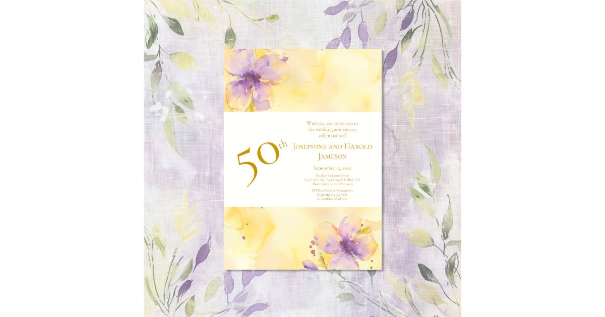 Violets Gold 50th Wedding Anniversary Invitation | Zazzle