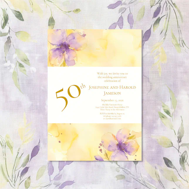 Violets Gold 50th Wedding Anniversary Invitation | Zazzle