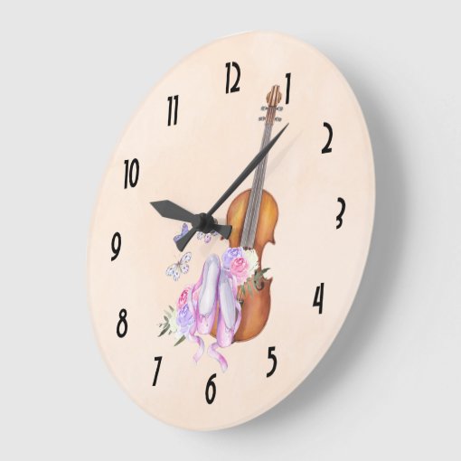 Violin, Ballet Shoes, Flowers and Butterflies Large Clock | Zazzle