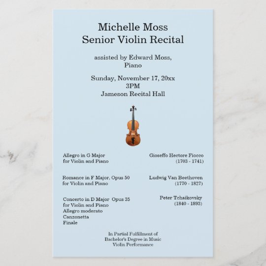 Violin Recital Musical Concert Custom Blue Program | Zazzle.com