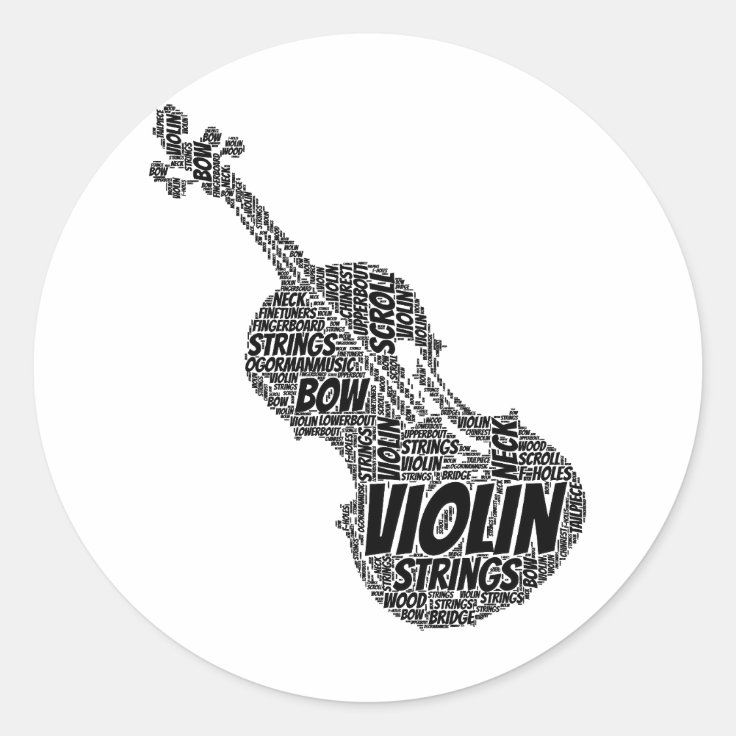 Violin Shaped Word Art Black Text Classic Round Sticker | Zazzle