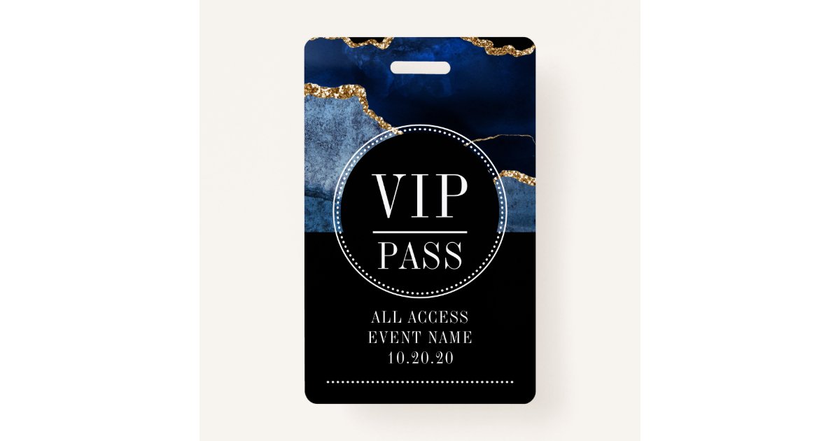VIP All Access Event Metallic Navy Gold Agate Badge | Zazzle