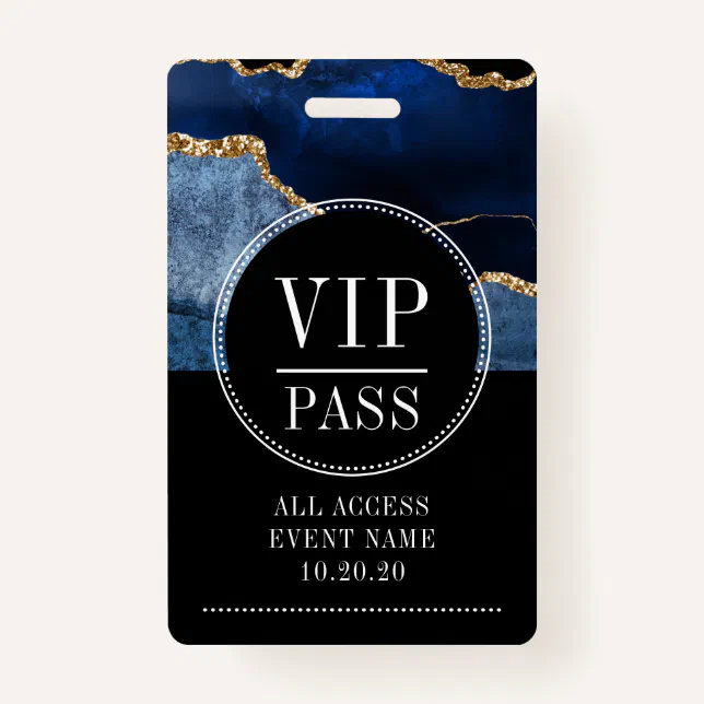 VIP All Access Event Metallic Navy Gold Agate Badge | Zazzle