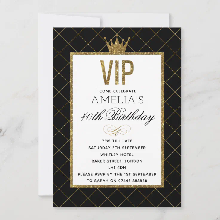 VIP Gold and Black Glitter Birthday Invites | Zazzle
