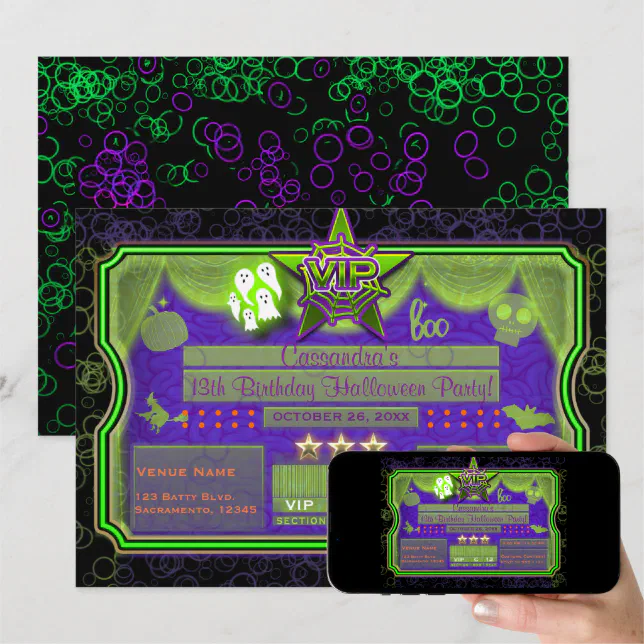 VIP Halloween Green & Purple Glow Birthday Party Invitation | Zazzle