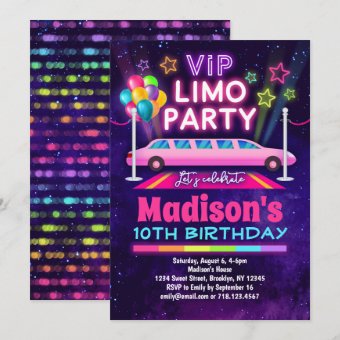 VIP Limo Party Birthday Invitation Rainbow Colors | Zazzle