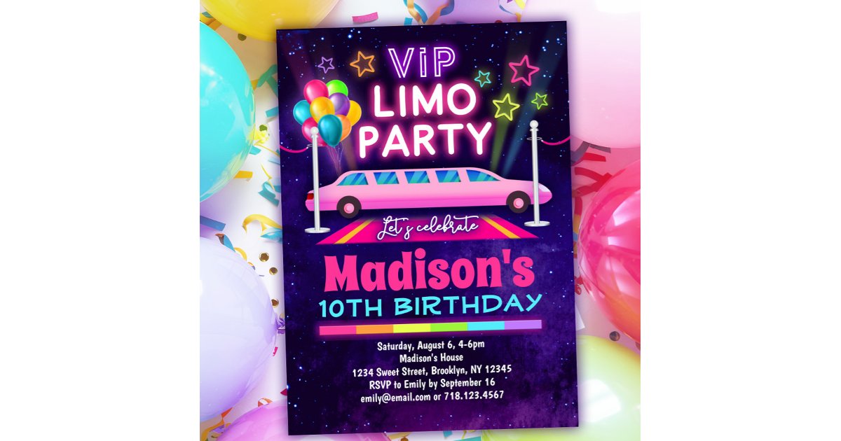 VIP Limo Party Birthday Invitation Rainbow Colors | Zazzle