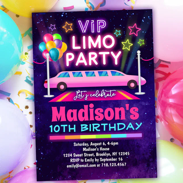 VIP Limo Party Birthday Invitation Rainbow Colors | Zazzle