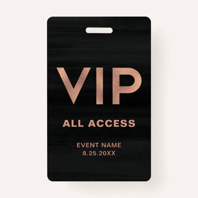 VIP | Modern Faux Rose Gold on Black All Access Badge | Zazzle