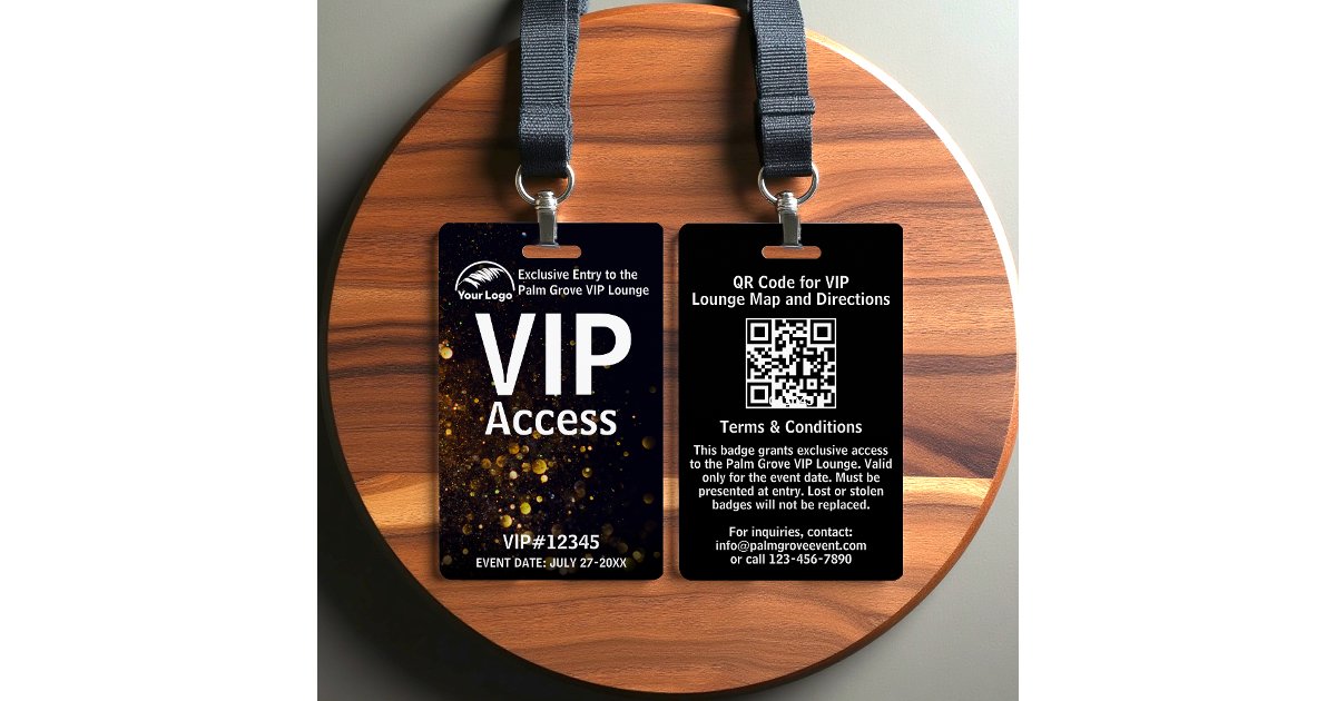 VIP Pass Badge | Custom Black Bokeh QR Code & Logo | Zazzle