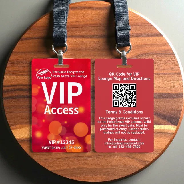 VIP Pass Badge | Custom Red Bokeh QR Code & Logo | Zazzle