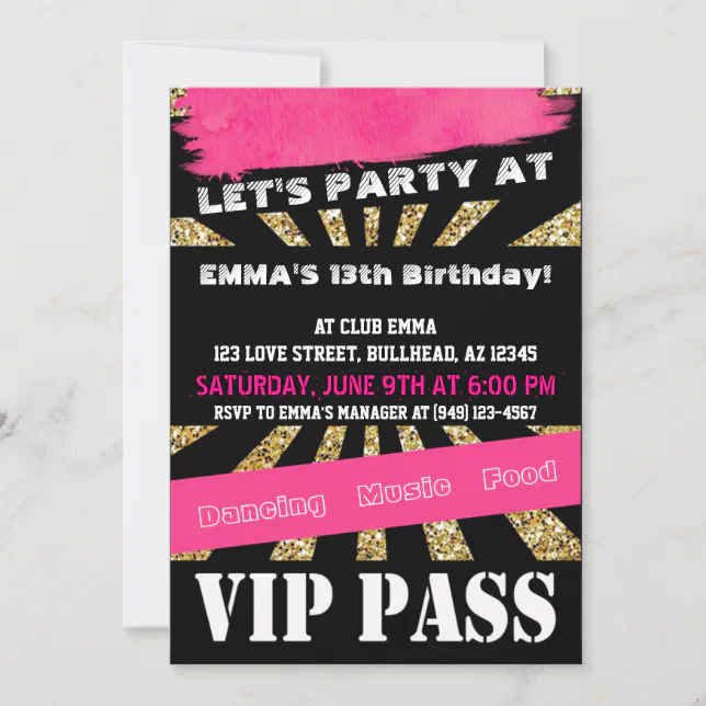 VIP PASS Girls Dance Party Sleepover Teenage Girl Invitation | Zazzle