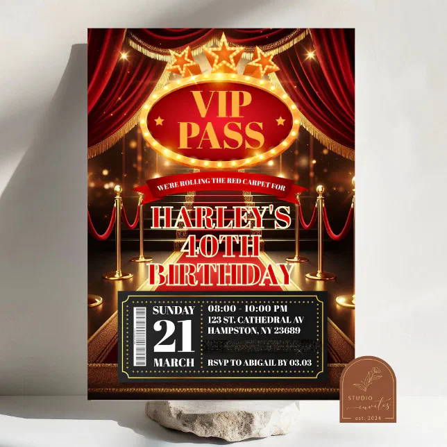 VIP Pass Glamour Premiere Hollywood Adult Birthday Invitation | Zazzle