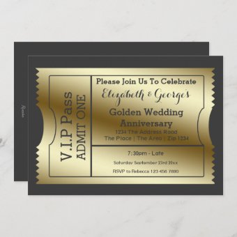VIP Pass Golden Wedding Anniversary Ticket Invitation | Zazzle