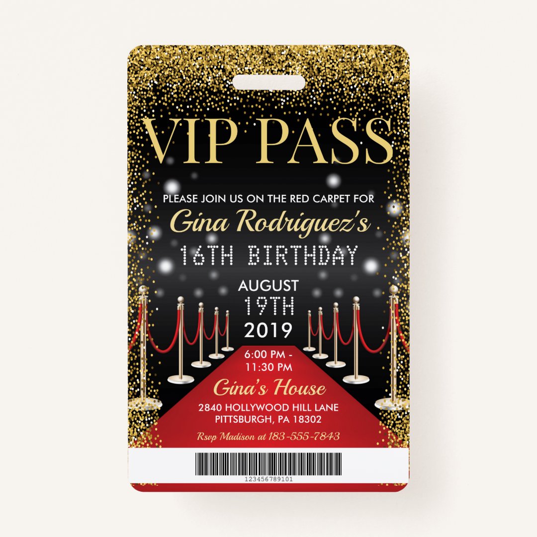 VIP Pass Hollywood Red Carpet Birthday Invitation Badge | Zazzle