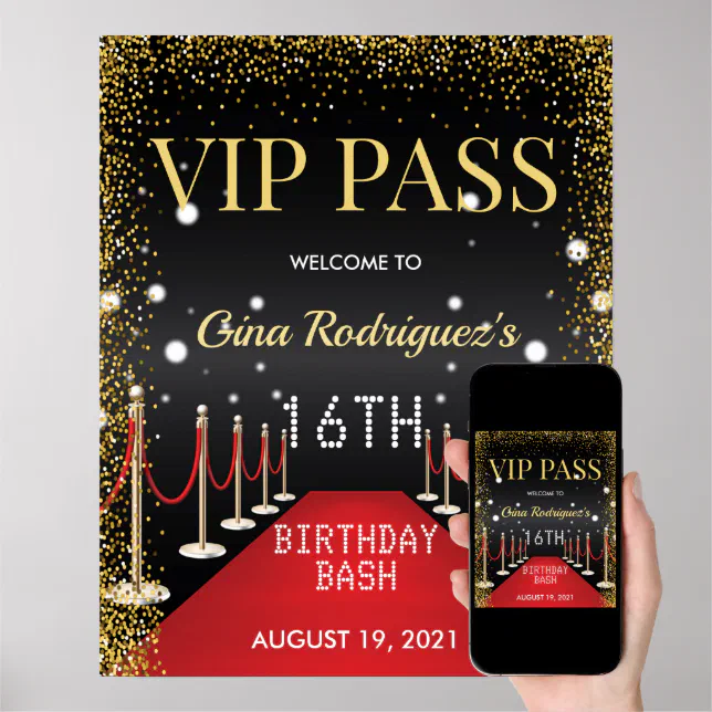 VIP Pass Hollywood Red Carpet Birthday Party Sign | Zazzle