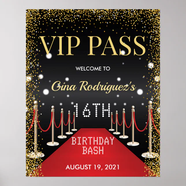 VIP Pass Hollywood Red Carpet Birthday Party Sign | Zazzle