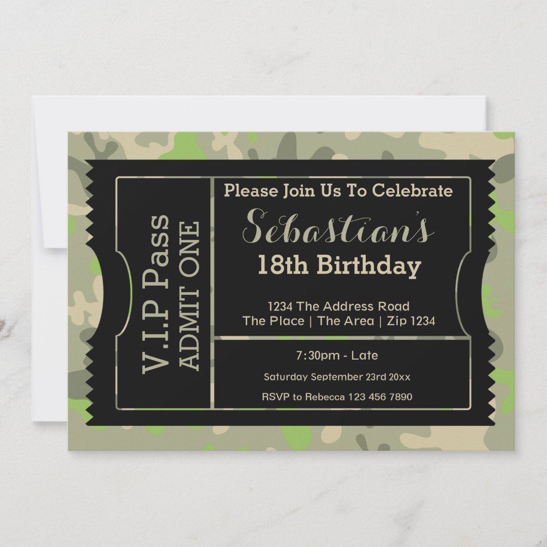 VIP Pass Party Admission Ticket Military Themed Invitation | Zazzle