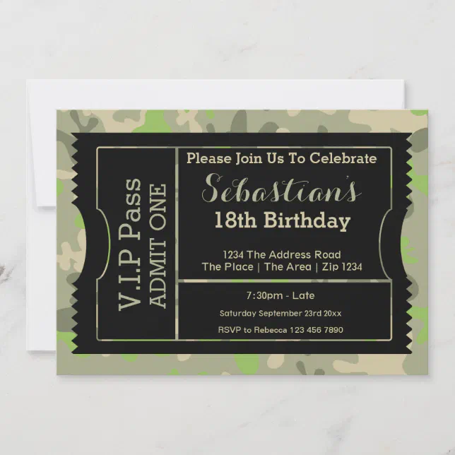 VIP Pass Party Admission Ticket Military Themed Invitation | Zazzle