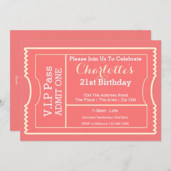 VIP Pass Party Admission Ticket Pink Invitation | Zazzle
