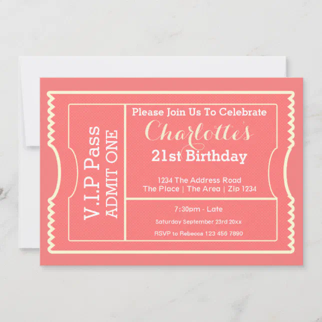 VIP Pass Party Admission Ticket Pink Invitation | Zazzle
