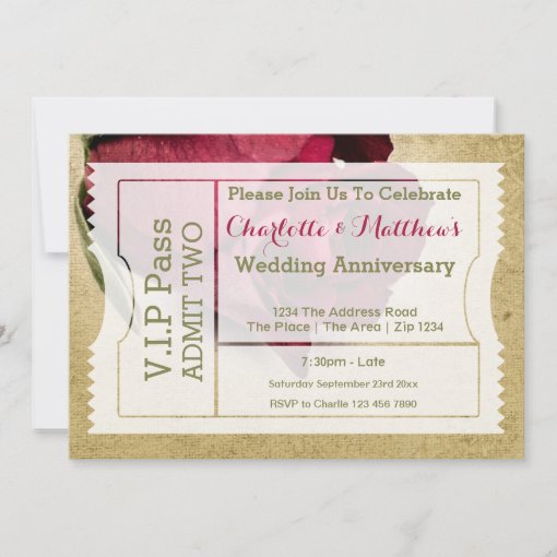 VIP Pass Party Admission Ticket Red Rose Invitation | Zazzle