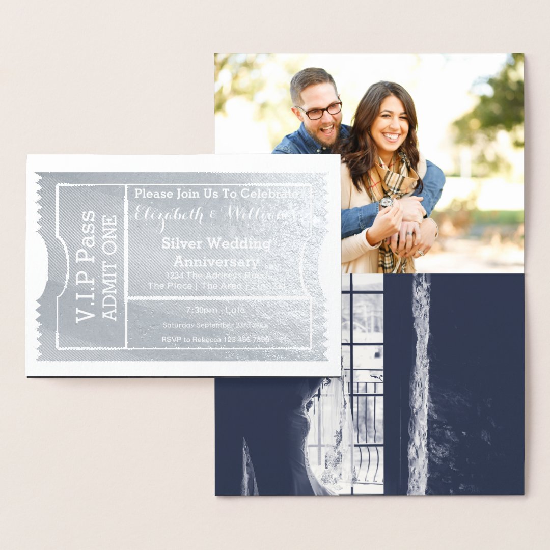 VIP Pass Silver Wedding Anniversary Ticket Foil Card | Zazzle