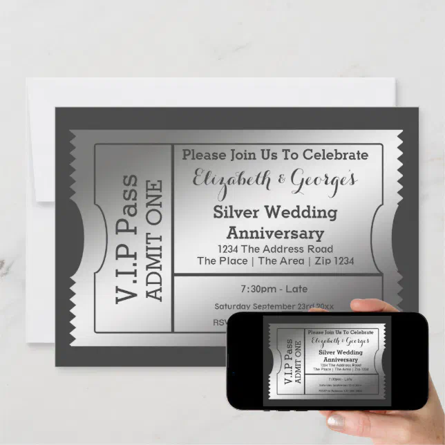 VIP Pass Silver Wedding Anniversary Ticket Invitation | Zazzle