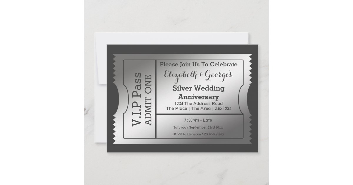 VIP Pass Silver Wedding Anniversary Ticket Invitation | Zazzle
