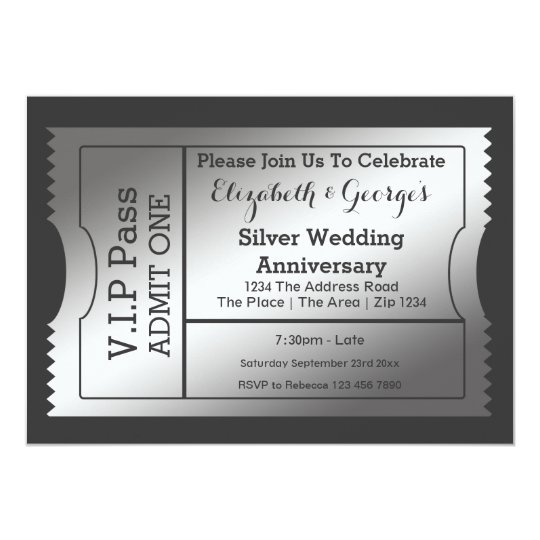 VIP Pass Silver Wedding Anniversary Ticket Invitation | Zazzle.com